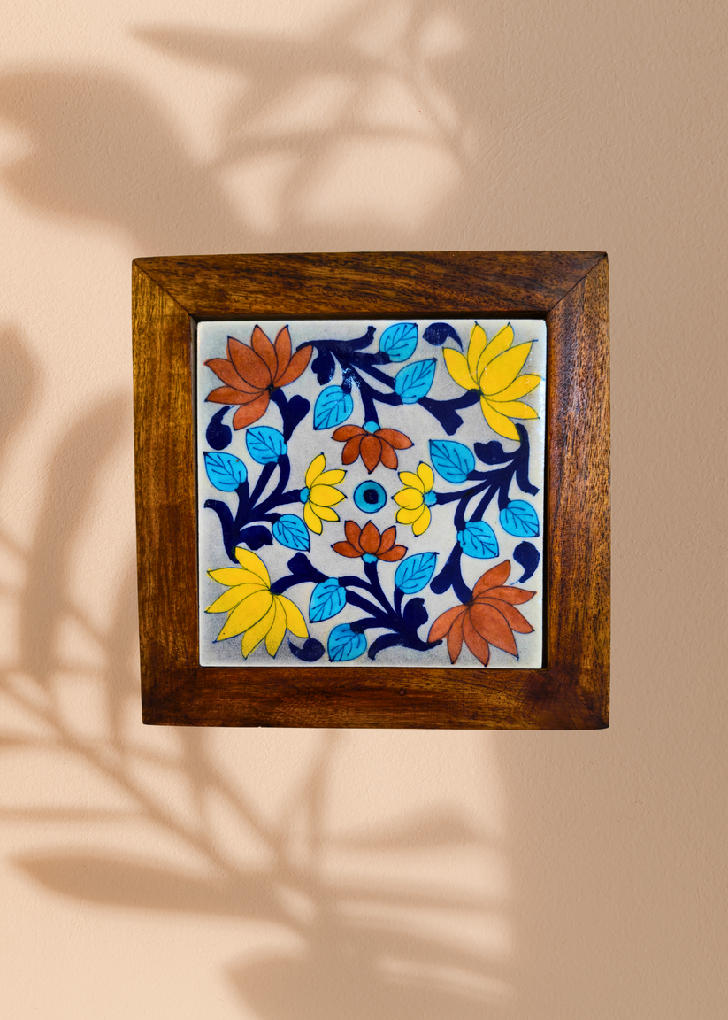 Handcrafted Lotus Wall Tile in Wooden Frame – Sanchaa