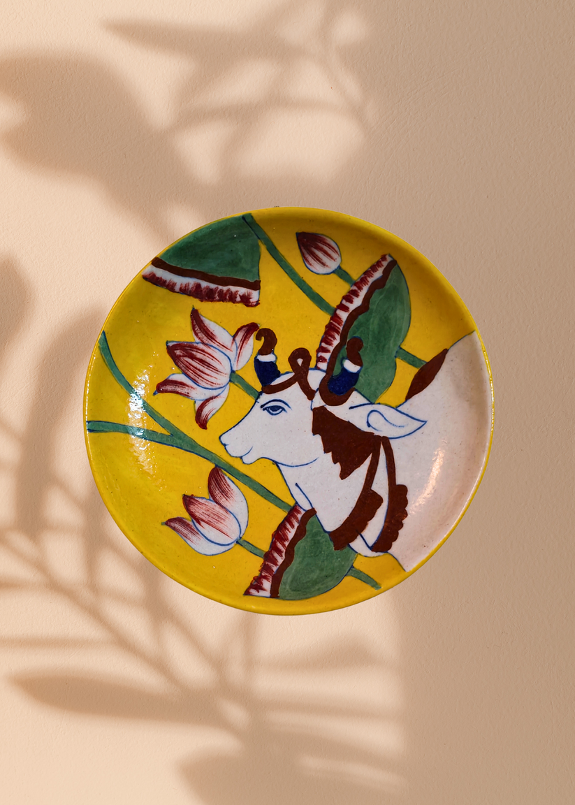 Handcrafted Yellow Kamdhenu Cow Wall Plate – Sanchaa
